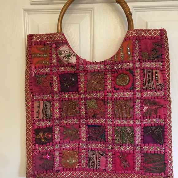 Bags | Pink Boho Chic Handbag With Wood Handles | Poshmark